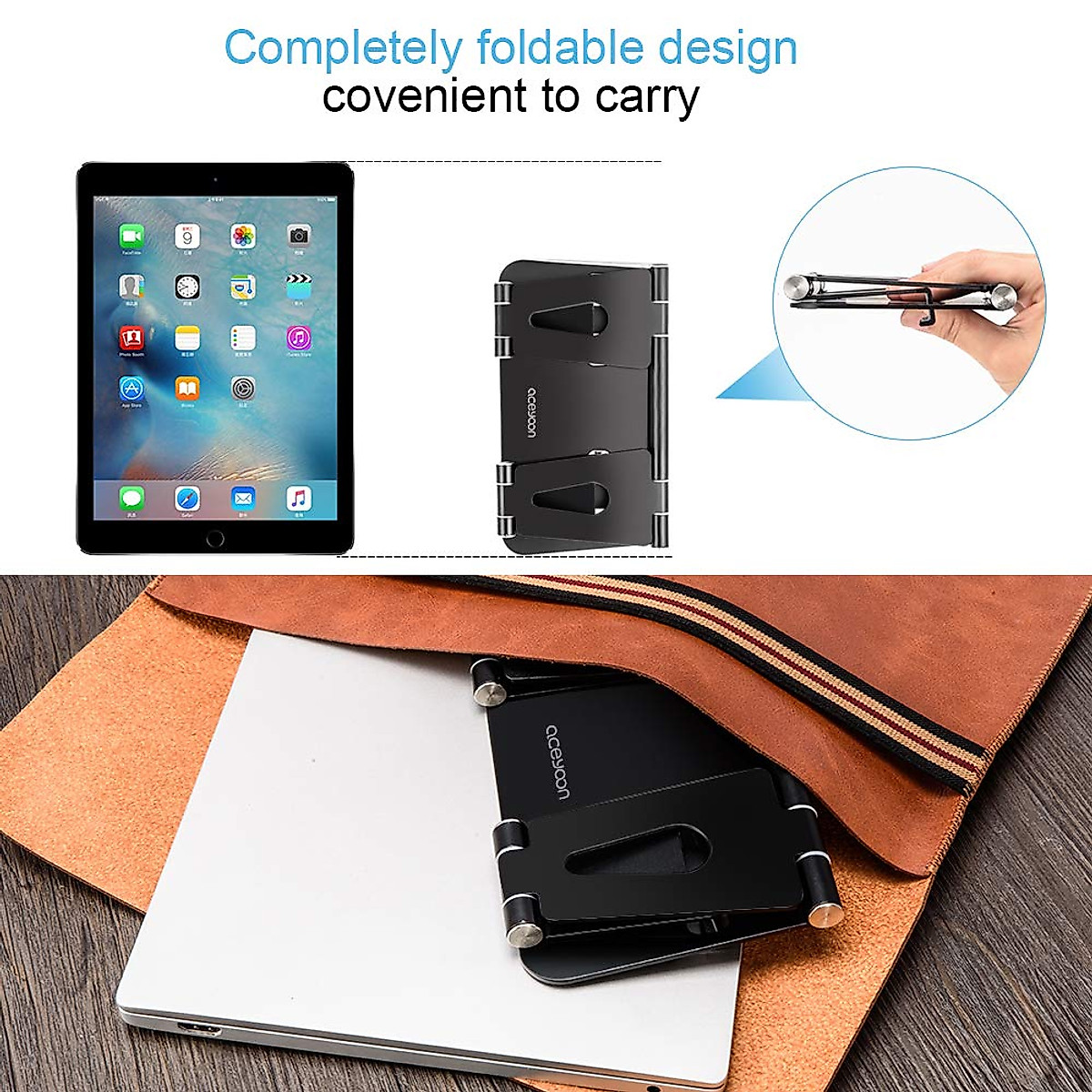 aceyoon Adjustable Tablet Stand, iPad/Cell Phone Holder for Desk, Aluminum Alloy Stand Holder for 2 Phones or a Tablet/Kindle, Sturdy Dual Stands, Foldable and Portable, Black