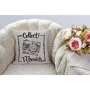 SSOIU Motivational Quote Throw Pillow Cover, Collect Beautiful Moments with Retro Camera Decorative Throw Pillow Covers Cotton Linen Pillow Cases 18“ x 18” for Home Decor