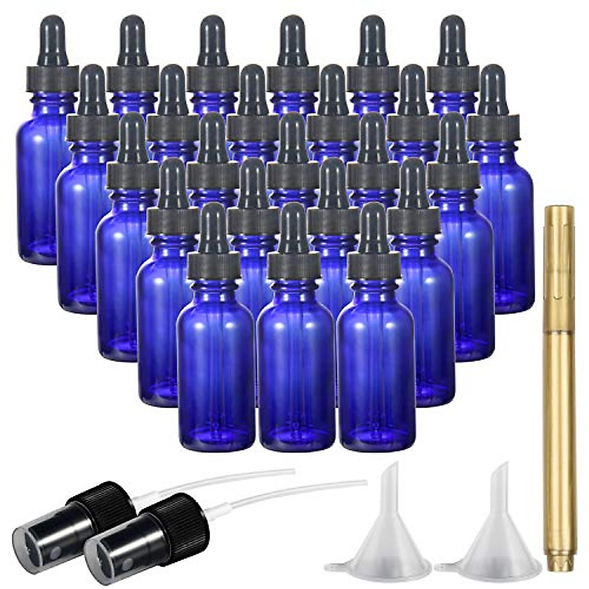 Ruckae Set of 24，1 oz Dropper Bottles with 2 Extra Fine Mist Sprayers, Funnel and Pen- 30ml Thick Cobalt Blue Glass Tincture Bottles with Eye Droppers - Leakproof Essential Oils Bottles
