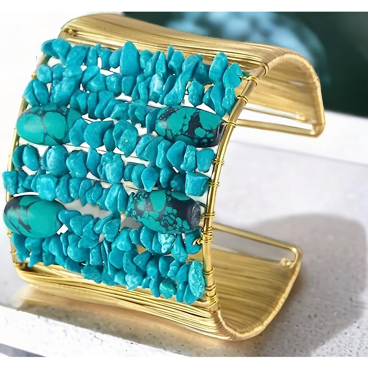 BiiU Elegant bracelet/Hand Cuff jewellery made up of golden metal and semi precious stones, MediumTurquoise