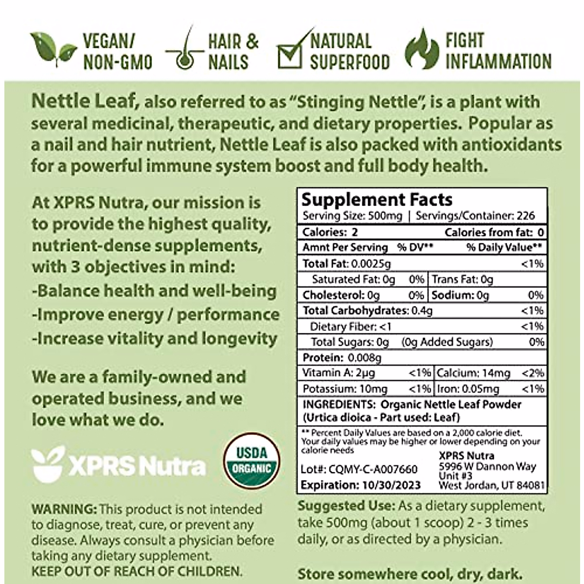 XPRS Nutra Organic Nettle Leaf Powder - Premium USDA Organic Stinging Nettle Powder for Hair and Nails - Vegan Friendly Energy Boosting Organic Stinging Nettle Leaf (4 oz)