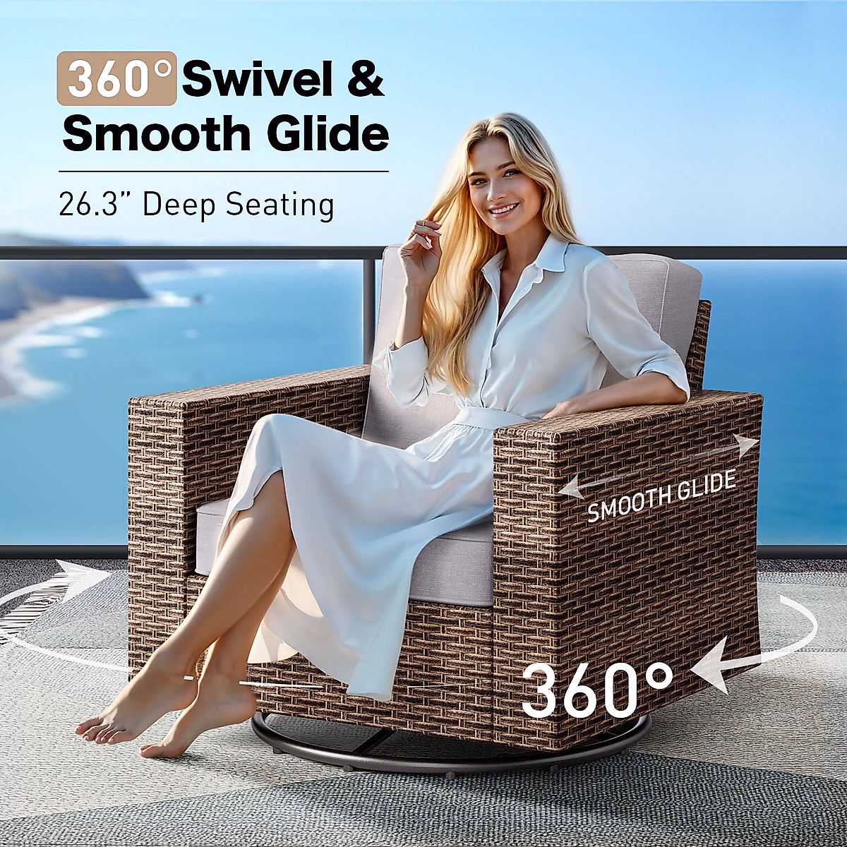 SUNSHINE VALLEY Swivel Glider 4 Piece Patio Furniture Set with Swivel Chairs, Patio Set with 4.92" Extra Wide Armrest, Wicker Patio Furniture with 26.3" Deep Seating and 5.5" Thick Cushions, Grey