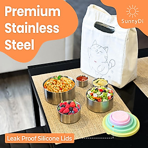 304 Stainless Steel Lunch Box Containers for Kids with Lunch Bag, Leakproof Stainless Steel Round Food Storage Containers with Silicone Lids, Metal and Nesting Snack Containers, Set of 5 sizes, kF033