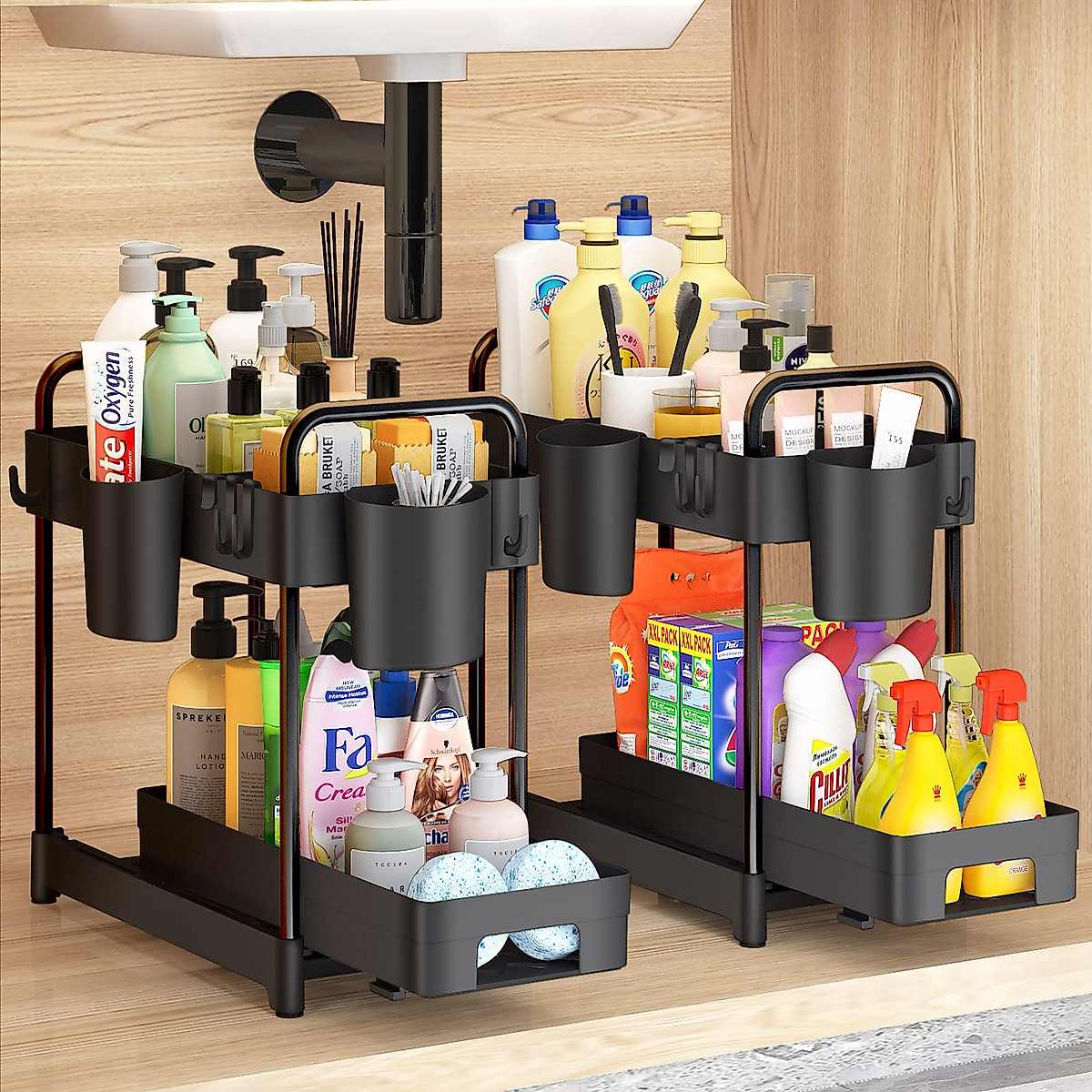 2 Pack Under Sink Organizers and Storage, 2 Tier Under Sliding Cabinet Basket Organizer with Hanging Cups,Hooks,Dividers,Handles,Multi-Purpose Storage Drawer Basket Organizer for Kitchen Bathroom