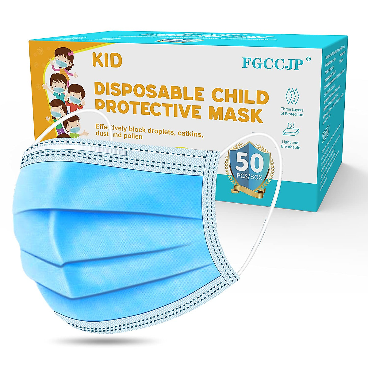 FGCCJP Face Mask for Kids (50pcs), Kids Disposable Mask 3-layer with Elastic Ear Loops, Suitable for Boys Girls Kids Children