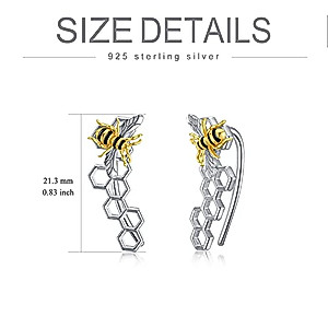 PELOVNY 925 Sterling Silver Bee Earrings Honeycomb Bee Ear Climbers Earrings Jewelry Gifts for Women