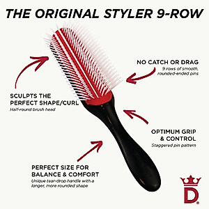 Denman Original Curl Definer & Styler 9 Row Hairbrush for Detangling, Separating, and Defining Longer Curls, Curly Hairbrush - Black