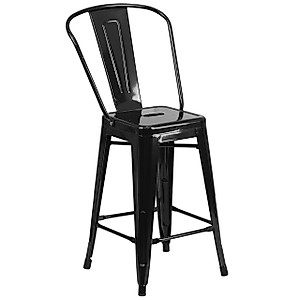 EMMA + OLIVER Commercial Grade 24" H Black Metal Indoor-Outdoor Counter Height Stool w/Back