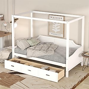 Bellemave Twin Canopy Beds Wood Daybed with Storage Drawer Modern 4-Poster Beds Twin Size for Kids Boys Girls Teens, White