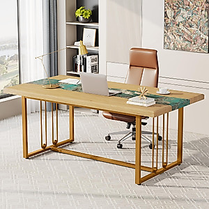 Tribesigns 63 Inches Conference Table with Amazonian Green Faux Marble & Light Brown Finish, Modern 5FT Meeting Tables with Stylish Metal Legs, Rectangular Business Seminar Training Table