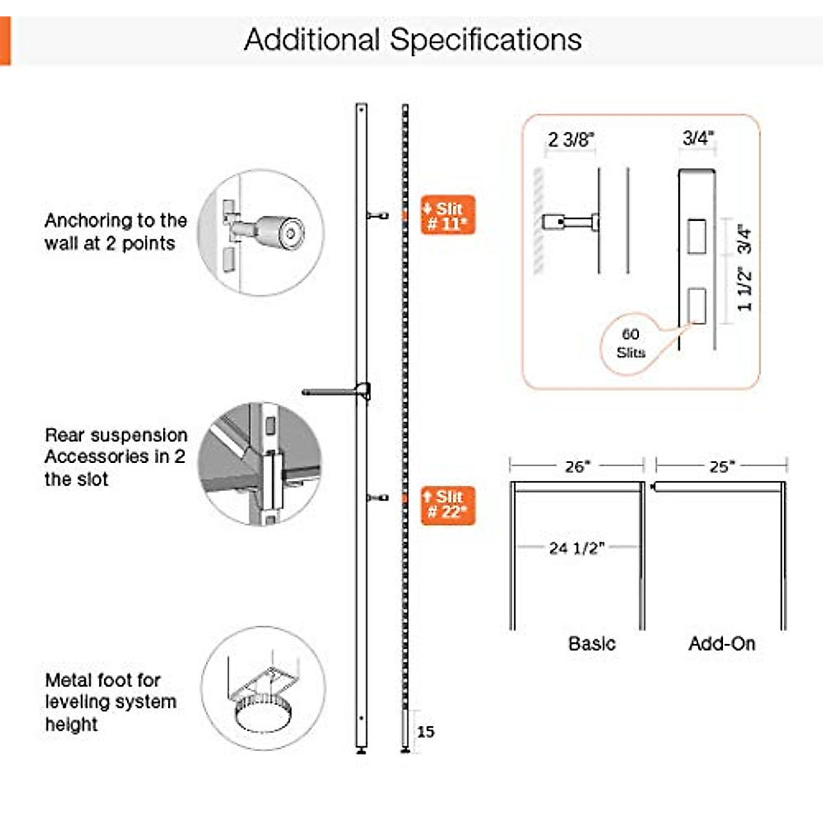 UDIZINE Vertik Clothing Wall Mounted (for 4 Shelves with 4 Faceouts and 2 Hanging Rails, White) | Shelves are NOT Included
