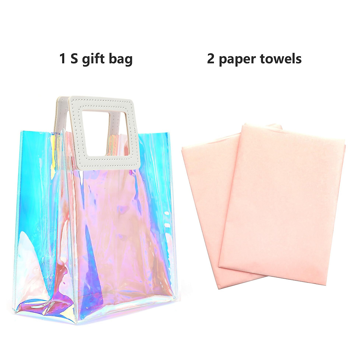 KeerxunBag 1 Pack Holographic Gift Bags with Handles & 2 Tissue Paper Sheets – Iridescent Transparent Reusable Bags for Women, Girls, Birthdays, Weddings，Pink Gift Bag