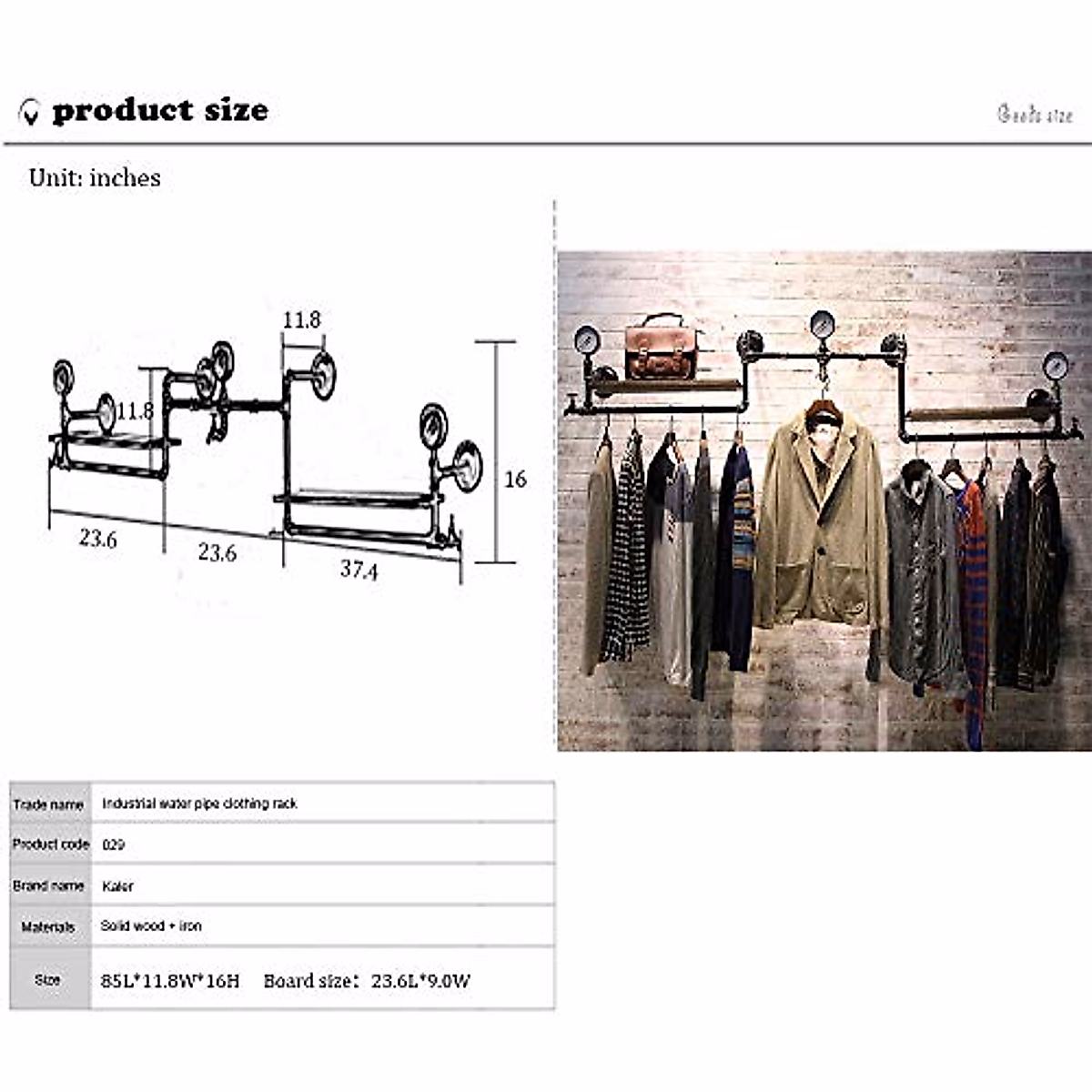 OTUGARE Industrial Pipe Clothing Rack, wall hanging clothes rack, Wood Garment Pipeline Rack for clothing shop and family