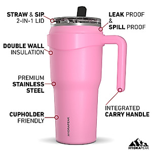 Hydrapeak Roadster 40oz Stainless Steel Tumbler Double Wall Vacuum Insulated Water Bottle With Handle And 2 in 1 Straw Lid (Bubblegum)