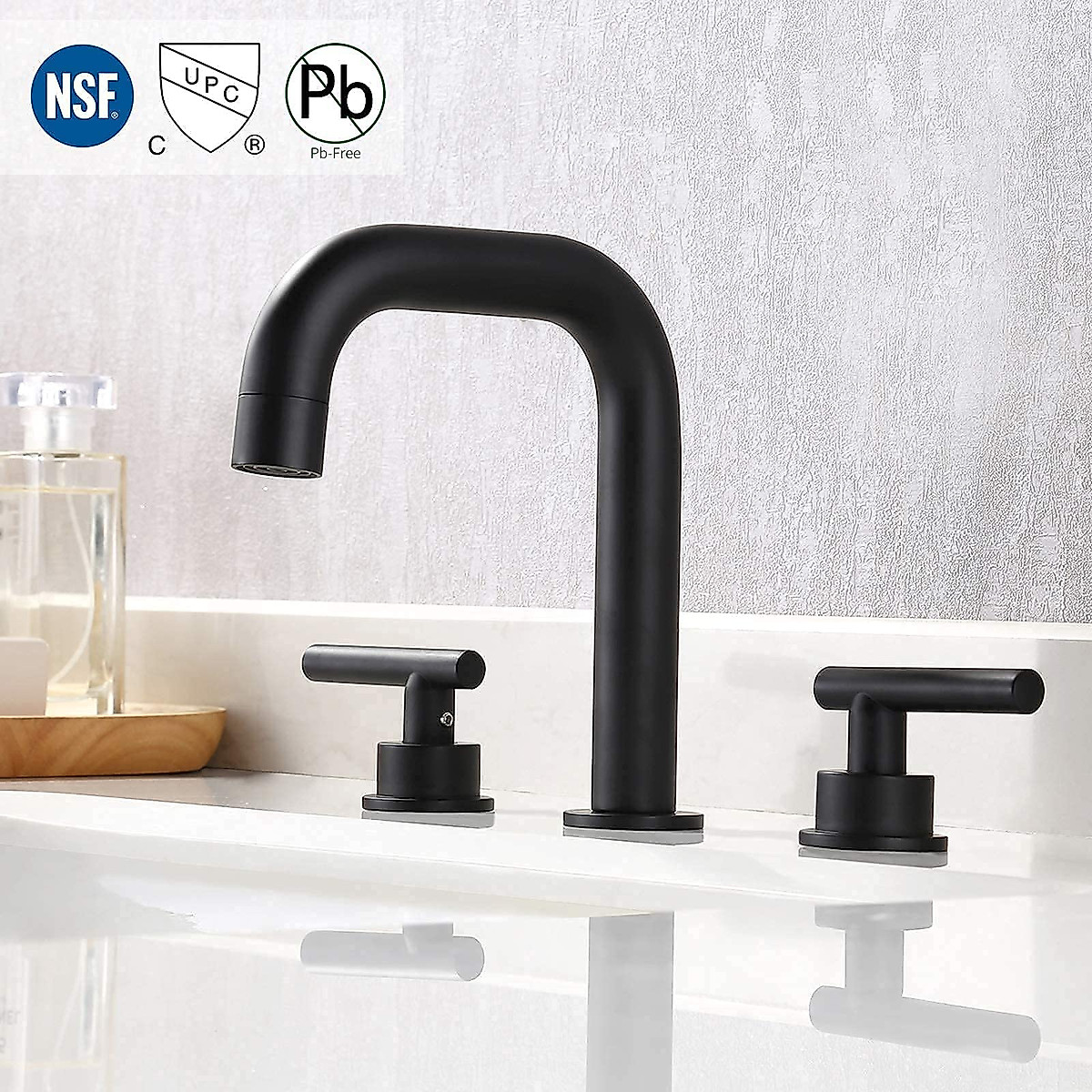 KES Black Faucet for Bathroom Sink 8-Inch Widespread 3 Hole Modern Vanity 2 Handle Brass with Supply Hoses, Sink Drain Not Included, L4317LF-BK
