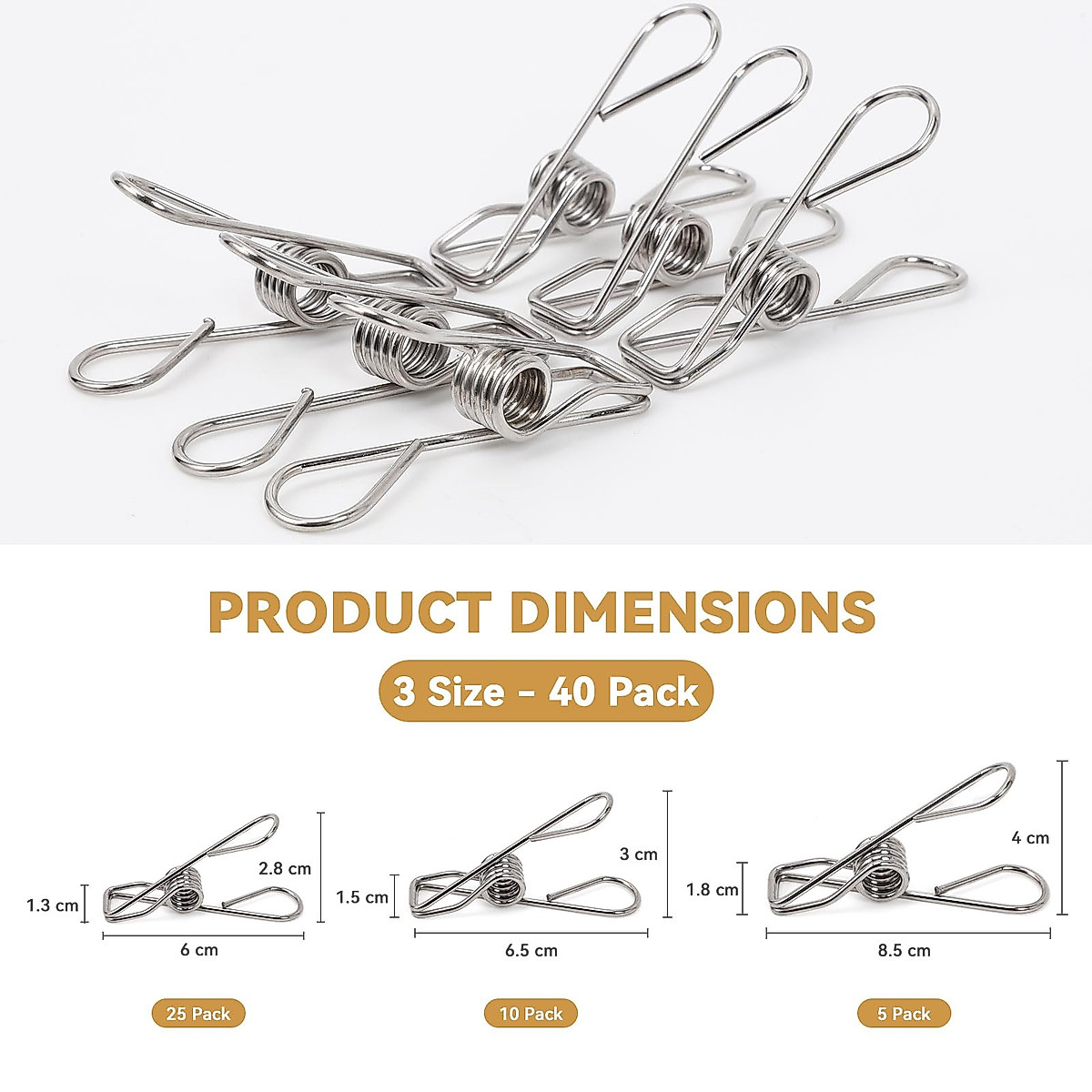 40 Pack Clothes Pins Heavy Duty, 304 Stainless Steel Clothes Pins with Waterproof Bag, Metal Clothespins Assorted Size Include Extra Large, 2.4/2.6/3.4 Inch Laundry Pins for Hanging Clothes Outdoor