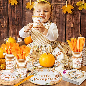 Dandat 350 Pcs Baby Shower Plates Set Baby Shower Party Supplies Serves 50 Tableware Sets Include Plates Napkin Cup Forks Knives Spoons Disposable Dinnerware for Boy Girl(little pumpkin)