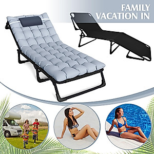 4 Position Reclining Chaise Lounge Chair with Mattress and Pillow for Outside, Folding Camping Cot for Adults, Portable Foldable Sleeping Bed Lounger Outdoor for Patio Yard Lawn Beach Pool Sun Tanning