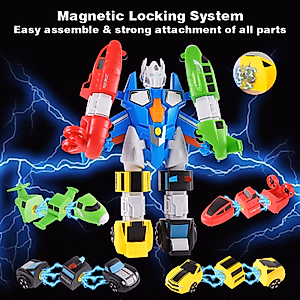 SOMMER 5-in-1 Magnetic Vehicles Toy Playset, Mix and Match STEM Stacking Assembling Car Kit with Storage Box, Transform into Robot, Birthday Gift for Toddler Kids 3 4 5 6 7 Year Old Boys Girls