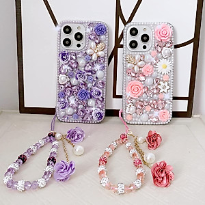 Changjia for iPhone 13 Pro Max Glitter Bling Case, Cute Luxury 3D Crystal Rhinestone Flowers Diamond Pearl with Wrist Strap Bracelet Chain Women Girls Case Cover for iPhone 13 Pro Max 6.7Inch (Pink)