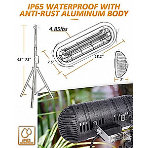 KUTON Outdoor Electric Heater, 1500W Infrared Patio Heater, Standing Indoor Heater with Telescopic Tripod, Tip-Over & IP65 Waterproof For Garage Backyard, Angle Adjustable, YD-SH-B