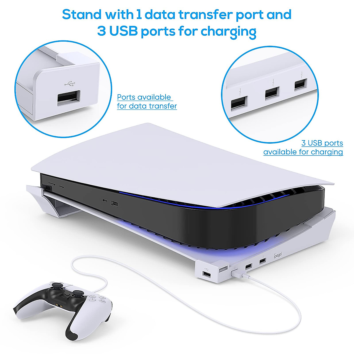 FYOUNG Horizontal Hub USB Port Stand for PS5, Base Stand Compatible with Playstation 5 Disc & Digital Edition, Upgrade Accessories Stand Holder for PS5 Console (White)