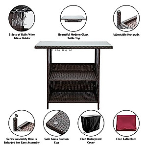 FOOWIN PE Wicker Bar Counter, 3 in 1 Glass Top Outdoor Patio Bar Table w/ 3 Steel Shelves, Rattan Bar Counter w/ 3 Sets of Rails, Gift Waterproof Cover and Dust Tablecloth for Garden Patio