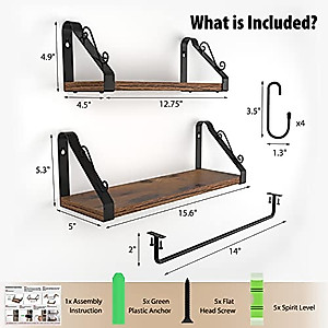 Ditwis Wall Shelves Set of 4, Rustic Storage Wood Floating Shelves with Towel Bar and Removable Hooks for Bathroom,