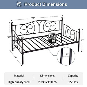 VECELO Metal Daybed Frame Multifunctional Platform Bed Sofa Mattress Foundation with Deluxe Headboard, Twin, Black