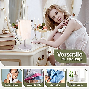 Homeries Marble Hand Towel Holder - Stainless Steel Towel Stand with Round Marble Base - Modern T-Shape Hand Towel Valet for Bathroom, Vanity Top Towel Stand, Counter Towel Bar, Jewelry Rack