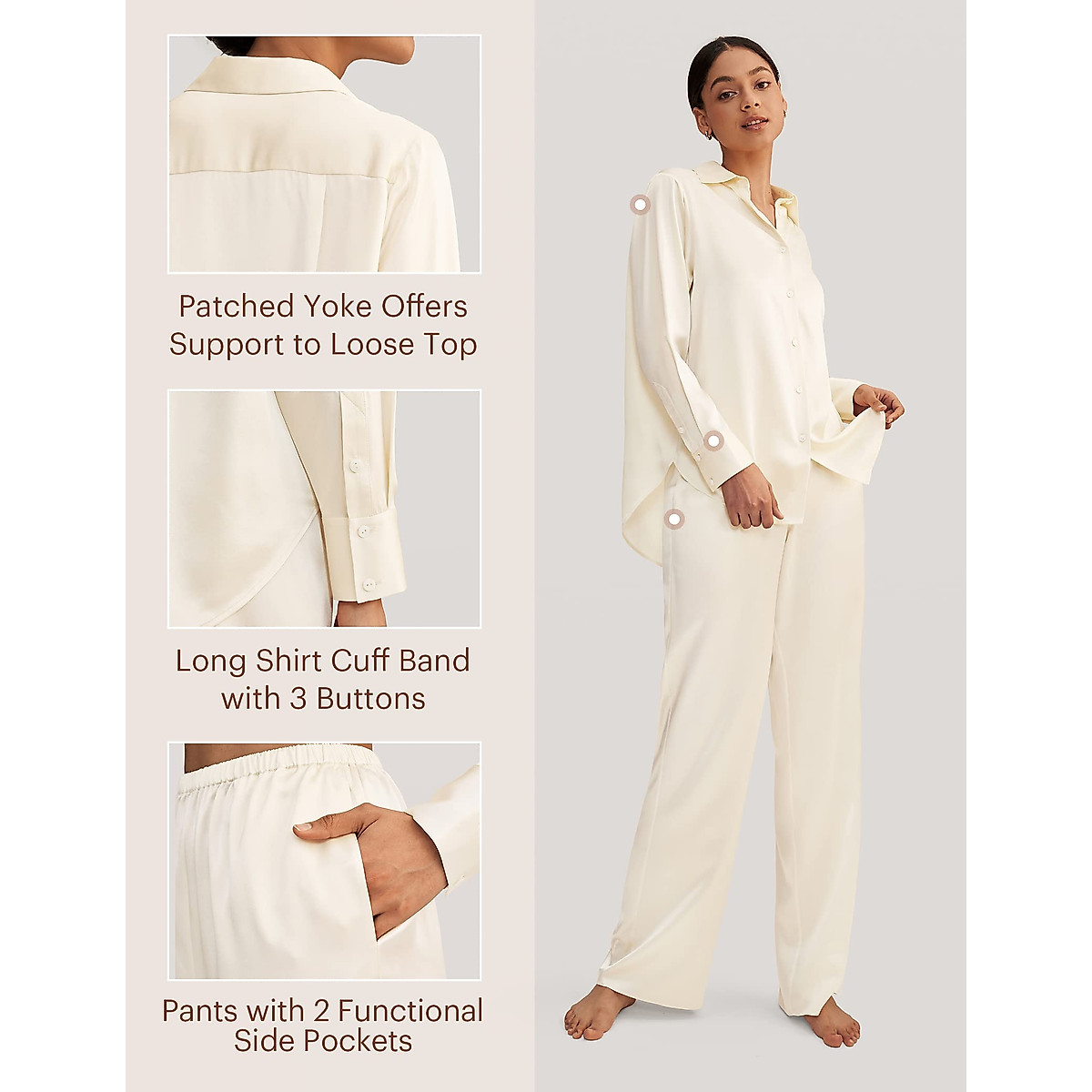LilySilk Silk Pajama Set for Women Silk 2 pieces Ladies PJ Set Trendy Sleepwear With Double Oblique Pocket, Lily White M