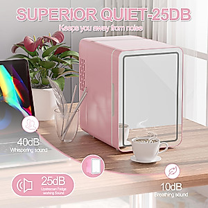 SPECILITE Mini Fridge for Skin Care, Portable Beauty Fridge with Mirror and LED Lighting (4 Liter/6 Can) Cooler and Warmer, Personal AC/DC Refrigerator for Skincare, Makeup, Beverage, Office, Bedroom (Pink)