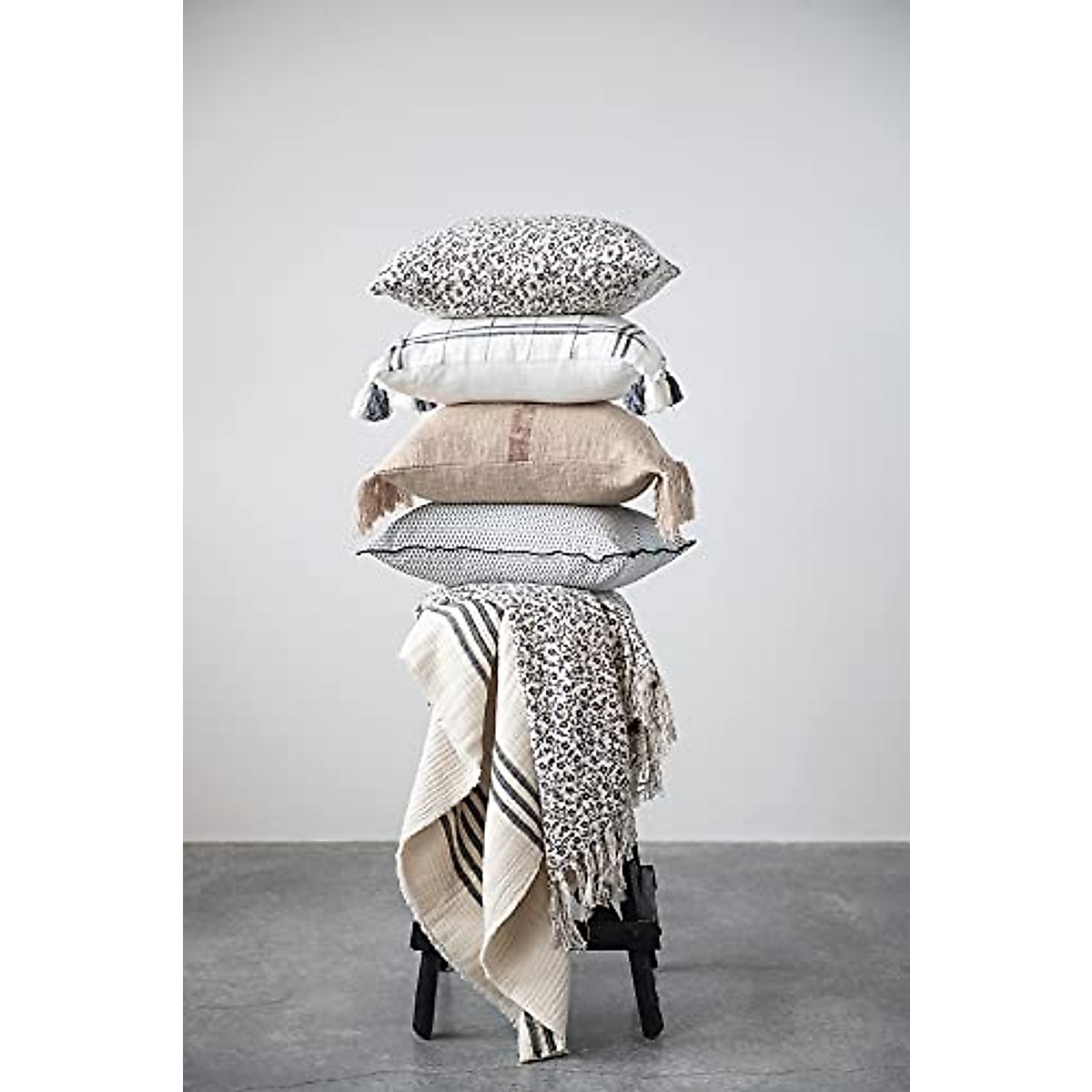 Creative Co-Op Coastal Black and White Stripe Woven Cotton Double Cloth Stitched Blanket and Frayed Edges Throw, Cream & Black