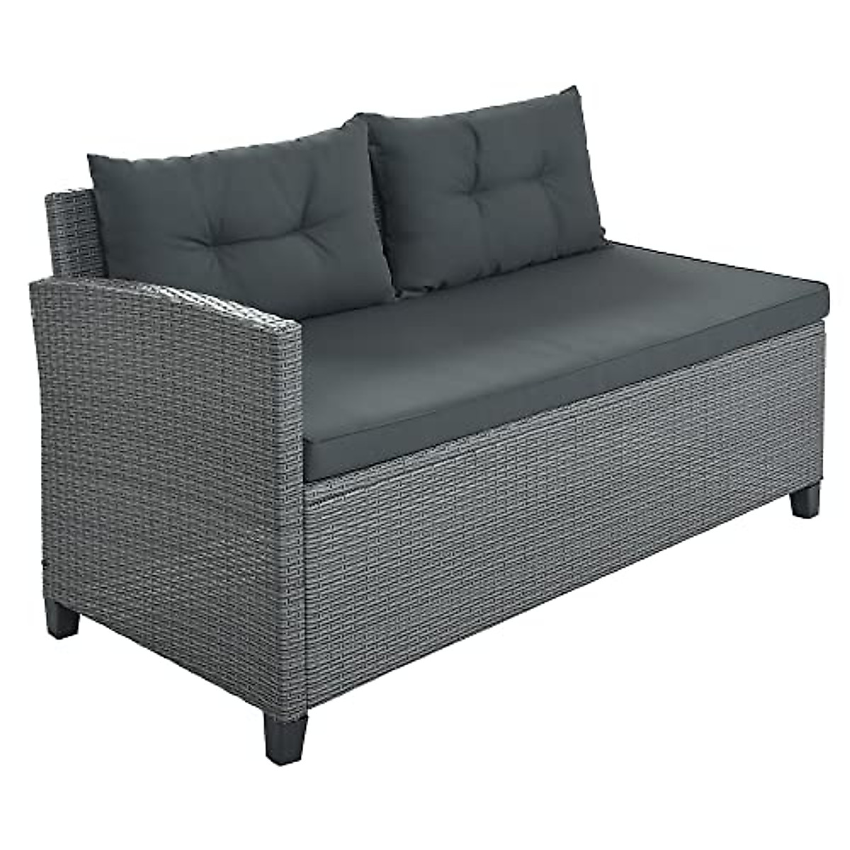 DHPM 6 Pieces Patio PE Wicker Furniture Set Outdoor Brown Rattan Sectional Conversation Sofa Chair with Storage Table and Beige Cushions, for Garden, Yard, Deck, Black