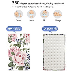 Rose Themed Fitted Mini Crib Sheets,Portable Mini Crib Sheets Soft and Breathable Bed Sheets-Crib Mattress Sheet or Toddler Bed Sheet,24“ x38“,Pale Pink Bluegrey Green
