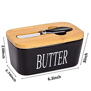 Butter Dish with Cover and knife-Ceramics Butter Container with Bamboo Lid for Countertop,Larger Butter Dishes with Covers Perfect for East West Coast Butter(Black with Words)