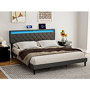 IKIFLY Upholstered California King Size LED Headboard with LED Lights & 2 USB Ports - Adjustable Height - Button Tufted Linen Fabric Padded Headboard Only, Easy Assembly - Dark Grey/Cal King