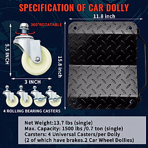 Datanly Set of 4 Car Dolly, Heavy Duty Wheel Dolly Car Stakes, Steel 6000 Lbs Capacity Auto Vehicle Moving Dolly with 360 Degree Wheels for Vehicle Storage Furniture Mover Trailer, 16" x 13"(Black)