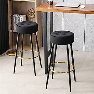 Furnimart 30 inches Modern Round Bar Stools Set of 2, Upholstered Dining Chair Stool with Gold Footrest for Kitchen Island Coffee Pub Shop Bar Height (Velvet-Black)