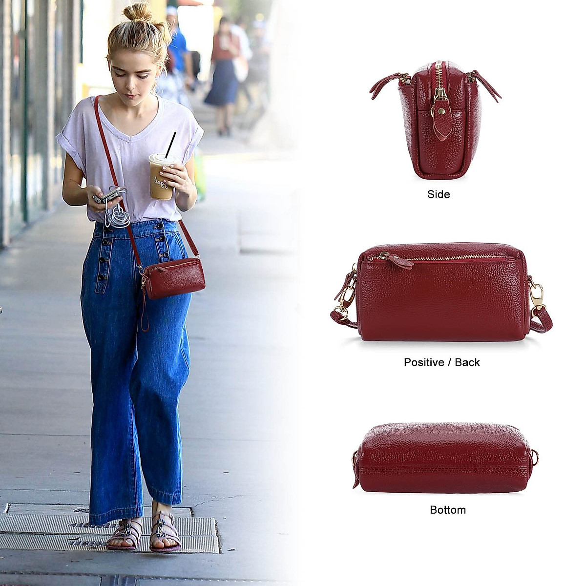 Phenas Small Leather Crossbody Bag CellPhone Purse Mini Shoulder Handbag with Wristlet Clutch Purse for Women Girls