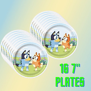 Bluey Birthday Decorations - Bluey Birthday Party Supplies for your Bluey Party featuring Bluey Party Decorations and Bluey Plates and Napkins and Tableware for 16 guests.