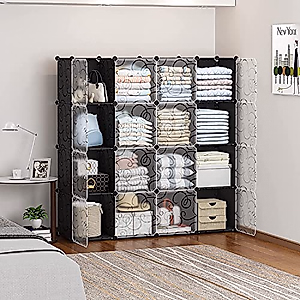 16 Cubby Clothes Storage Shelves, Cube Plastic Closet Organizer with Doors, 12" × 12" Modular , Portable Closet Wardrobe for Bedroom, Home, Black (4 × 4 Cubes)