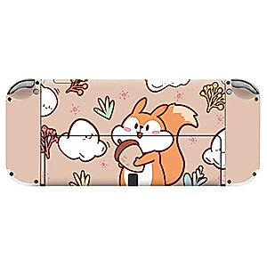 PlayVital Full Set Protective Stickers for Nintendo Switch OLED Model, Customized Vinyl Decal Skins for Switch OLED Console & Joycon & Dock & Grip - Squirrel with Acorn