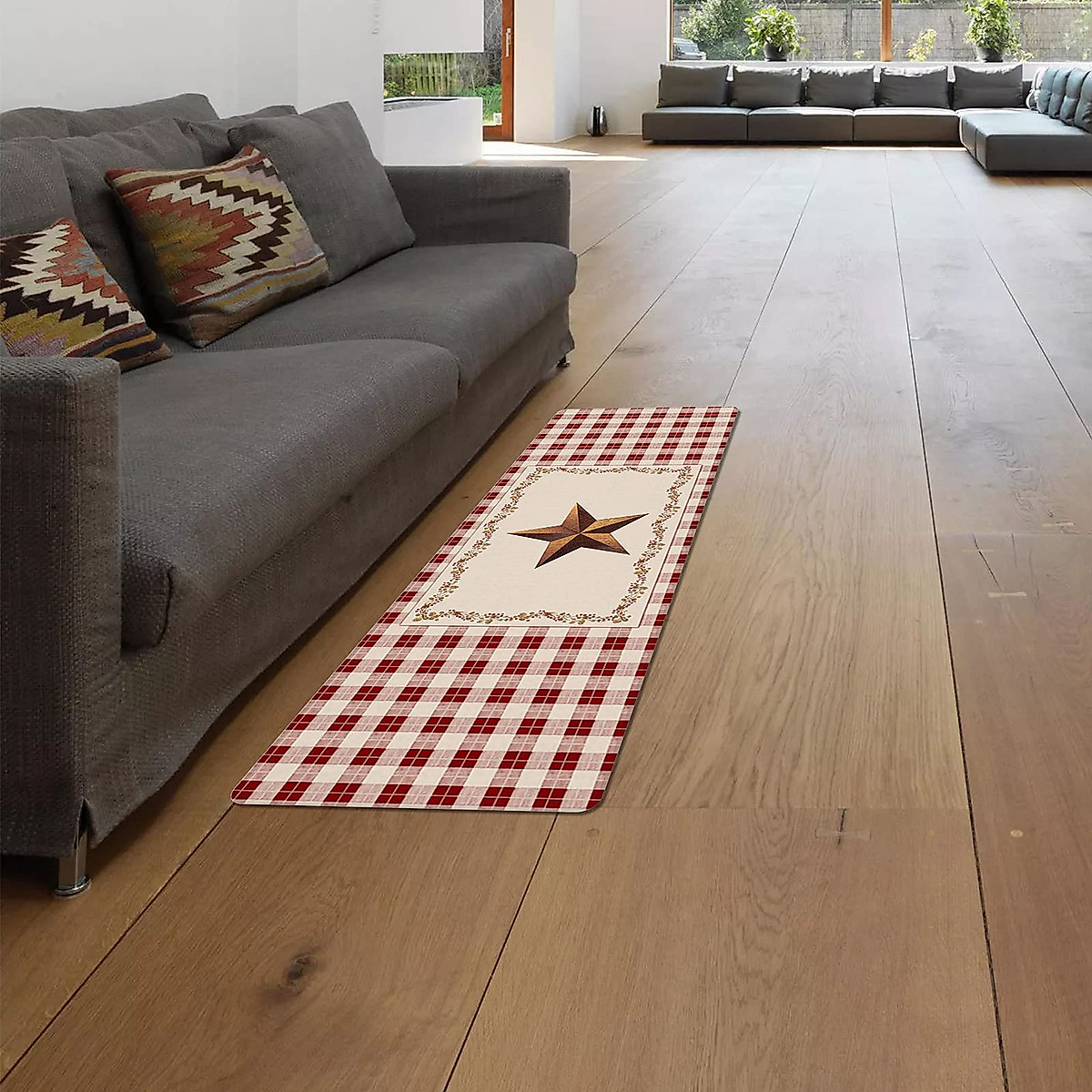 Libaoge Kitchen Mat Rug Set of 2 Rustic Barn Texas Western Star Red Buffalo Plaid Runner Rug Anti-Fatigue Comfort Memory Foam Standing Mat Non-Slip Floor Door Mat for Bathroom Bedroom 20x32in+20x47in