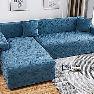 TVPFM Stretch Sofa Slipcover, Jacquard Sofa Cover Elastic Bottom Soft Furniture Protector for L-Shaped Sofa Cover for Pets Living Room-Blue-4 Seater