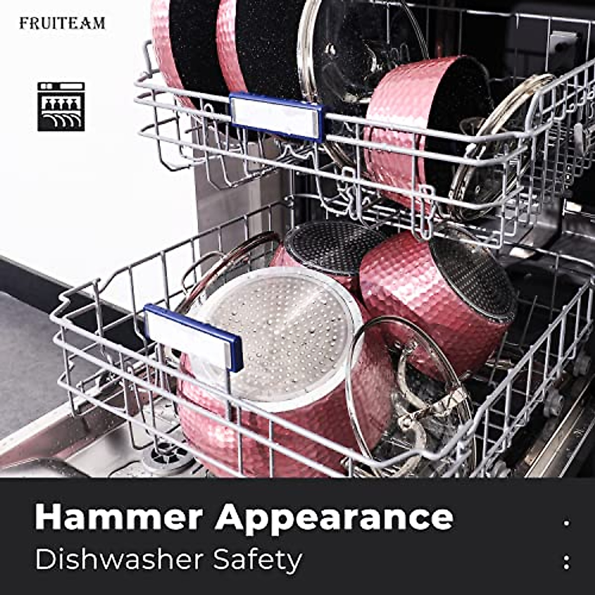 FRUITEAM Hammered Cookware 16-Piece Home Kitchen Ware Pots Pan Set with Non-stick Coating, Aluminum Induction Cooking Pots, Includes Fry Pans, Saucepans, Stock Pots, Rose