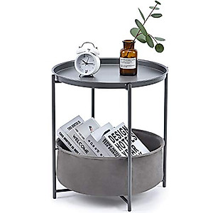 TOOLF End Table, Metal Nightstand, Coffee Round Table, Sofa Side Snack Table with Detachable Tray Top and Fabric Storage Basket, Scandi Style Table for Living Room Bedroom (Dark Grey)
