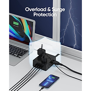Surge Protector Power Strip, Olcorife Ultra Thin Flat Plug Extension Cord 5 ft, 8 Outlets 4 USB Ports(1 USB C), 1080J, Wall Mount Outlet Extender, College Dorm Room Essentials, Black