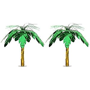 Beistle 2 Piece Metallic Plastic Palm Tree Cascade Centerpieces for Luau Hawaiian Theme Birthday Party Supplies Jungle Safari Decorations, 18", Green/Gold