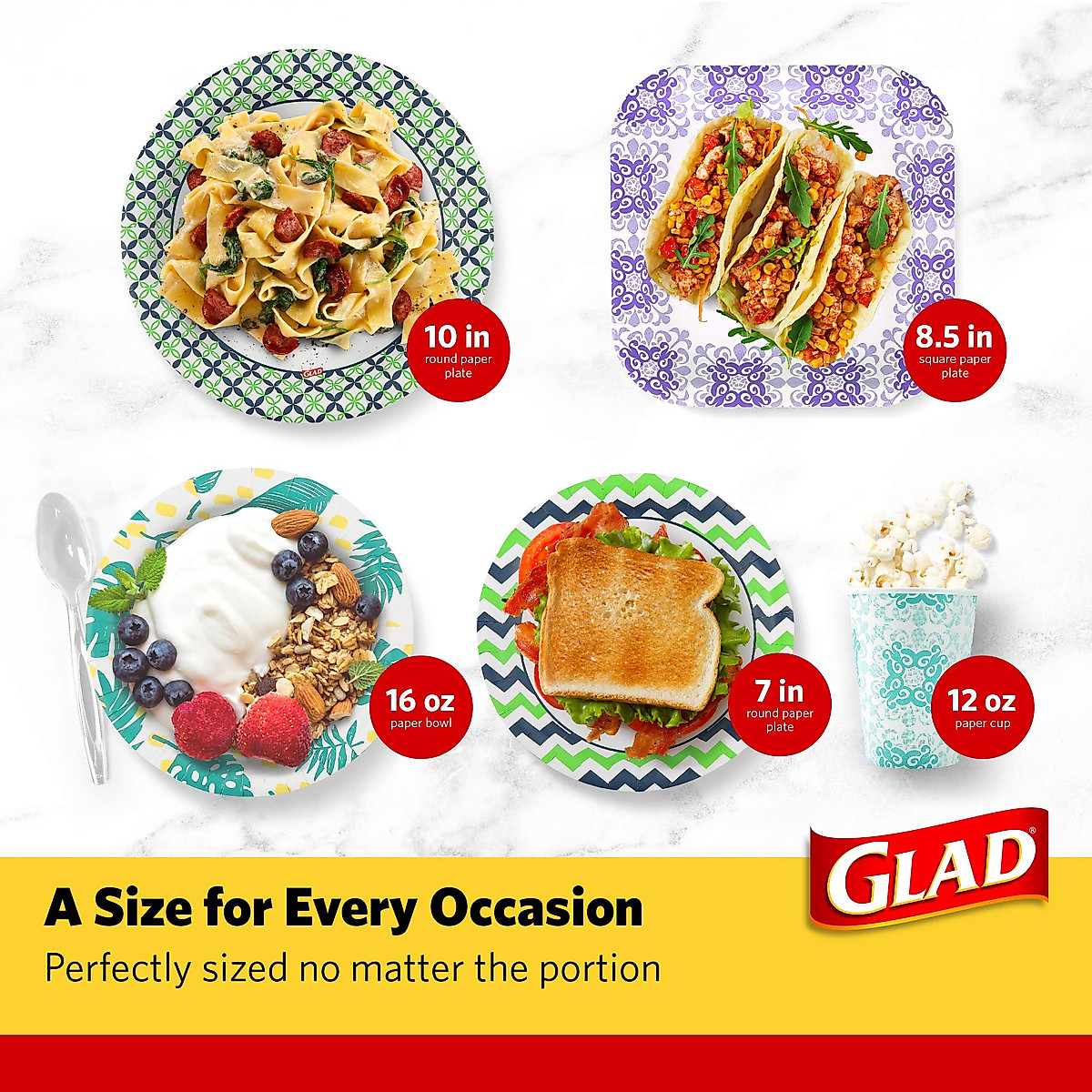 Glad Round Disposable Paper Plates for All Occasions | New & Improved Quality | Soak/ Cut Proof, Microwaveable Heavy Duty | 10" Diameter, 50 Count Bulk Plates